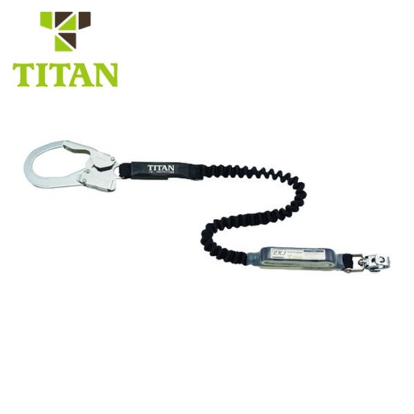 タイタン ランヤード(ハーネス用)|特長:ゴム芯入りの伸縮性ランヤードです。 縫製部はTITANロゴ付の保護カバーで守られています。