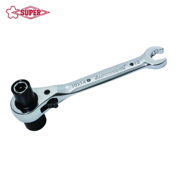 スーパー 両口ラチェットレンチ|特長:正逆は切り替え爪式です。 1丁で5サイズのボルト・ナットの締め付けが可能です。 配管バンド、各種ラックの締め付けに最適です。