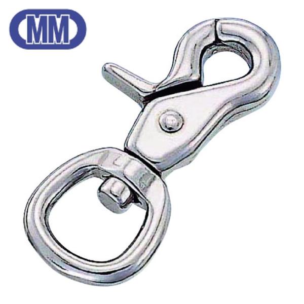 水本 フック|特長:アイの部分が回転するので、チェーン等のよりとりになります。 スプリングフックで手軽に開閉作業ができます。 口の開きが広いタイプです。