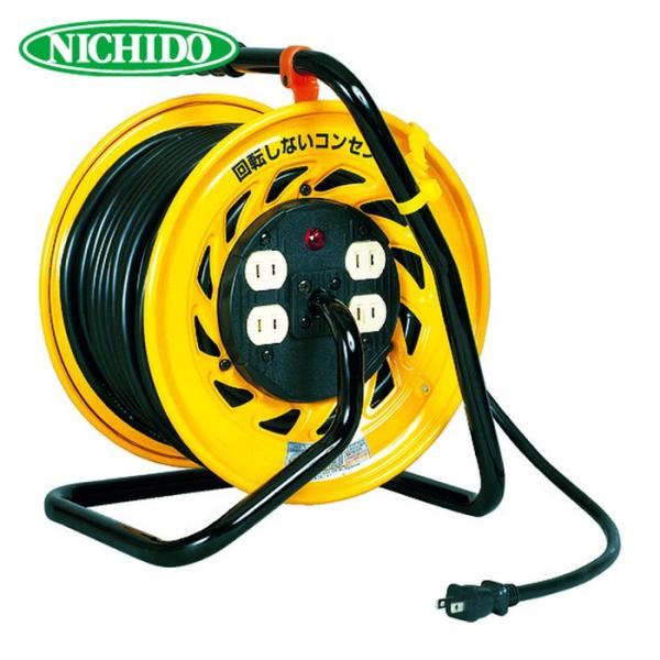 NICHIDO コードリール(単相100V・ブレーカー付)|特長:コンセントパネルが回転しないので、工具を接続したまま電線の出し巻き可能です。 パネル固定型です。