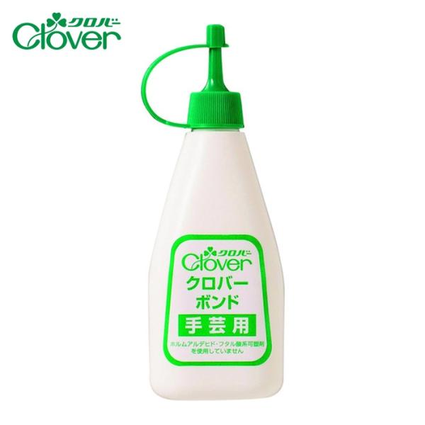 CLOVER 接着剤1液タイプ|特長:紙(表面加工のないもの)、布(綿・麻・ウール)・木(表面加工のないもの)に接着できます。 乾くと透明になります。 皮革、金属、陶器、ガラス、石、合成樹脂、ナイロン等は接着できません。