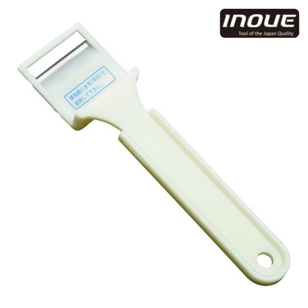 INOUE へら|特長:シールはがしや床の汚れを削り取ったり、バリ取りができる便利な商品です。 シールや汚れなどに刃を手前から押しつけながら前方に押し出すと、簡単に落すことができます。 水平に押出すようにするのがポイントです。