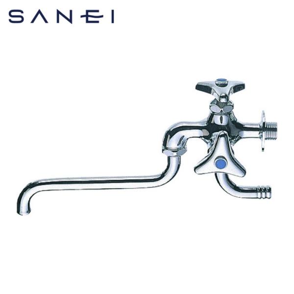 SANEI 単水栓|特長:上のハンドルで吐水口部、横のハンドルでホース接続部に吐水します。