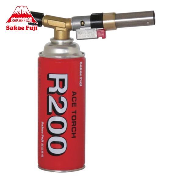 サカエ富士 ガストーチ|特長:ボンベはプロパン30%・ブタン70%混合のパワータイプです。 360°どんな角度でも使用できます。 微調ニードル・空気調節リングを採用しました。
