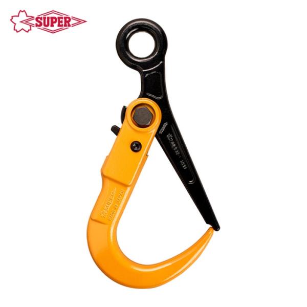 スーパー フック|特長:開口部が大きいので、取り付け・取り外しが容易にできます。 吊り上げ時は自動的に閉鎖ロックが掛かり、ワークから外れることがなく安全です。