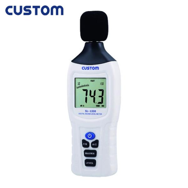CUSTOM 騒音計|特長:音圧レベルをオートレンジおよびマニュアルレンジ操作で30dBから130dBまで測定可能です。 周波数特性:A特性/C特性、動特性:FAST/SLOW切替え可能です。 ホールド機能搭載、アナログ表示付きです。