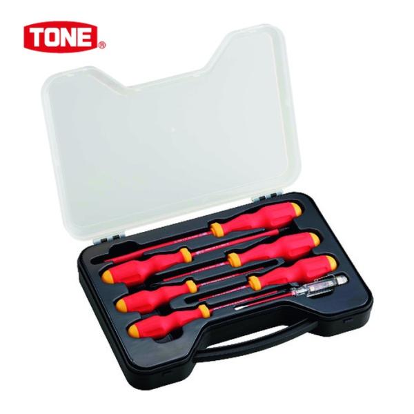TONE 絶縁ドライバーセット|特長:絶縁性の素材に覆われたドライバーで電気・通信設備工事などの作業に適しています。 身体への感電を防ぎ、作業者の安全を守ります。