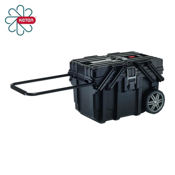 KETER 樹脂製工具箱|特長:キャスターが付いており、引っ張って移動可能です。 伸縮可能ハンドル付です。 小物入れは片側6ヵ所に区切られています。