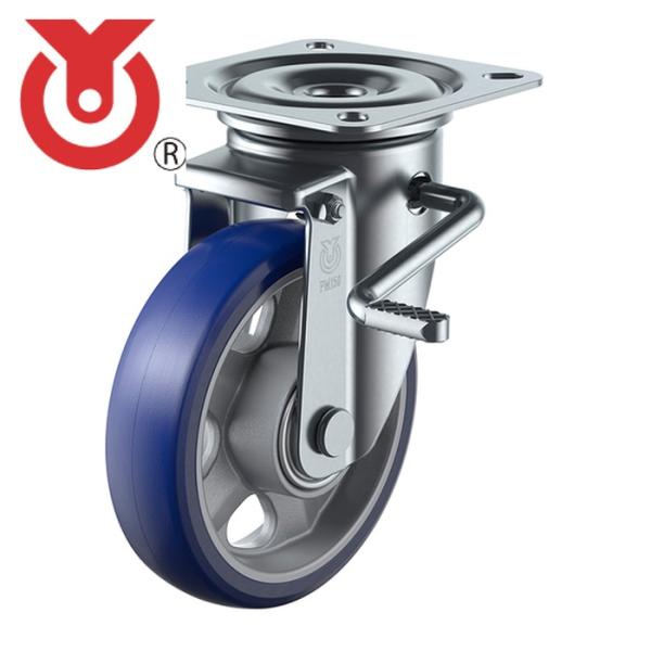 ユーエイ プレート式ウレタンキャスター|特長:旋回始動性がよく、作業負担を軽減しました。 シミー現象をおさえ、低騒音です。 車輪の摩耗が少なく、長寿命を実現しました。
