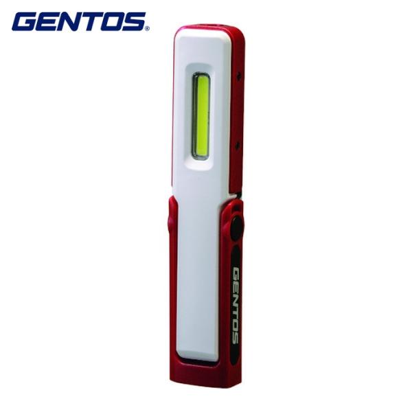 GENTOS LEDハンドライト(充電式)|特長:COB LED搭載で広範囲を均一に照射可能です。 トップライト搭載で狭い隙間を照らすのに便利です。 背面クリップ採用で胸ポケット等に吊り下げ可能です。