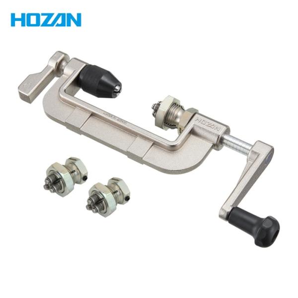 HOZAN 二輪車整備工具|特長:プレーンスポーク専用ネジ切り器セット。 ローラー部に強じんなダイス鋼を採用し、ステンレススポークにも対応。 ネジ転造ローラーはスポークに食いつきやすく、確実且つスムーズにネジを転造できます。