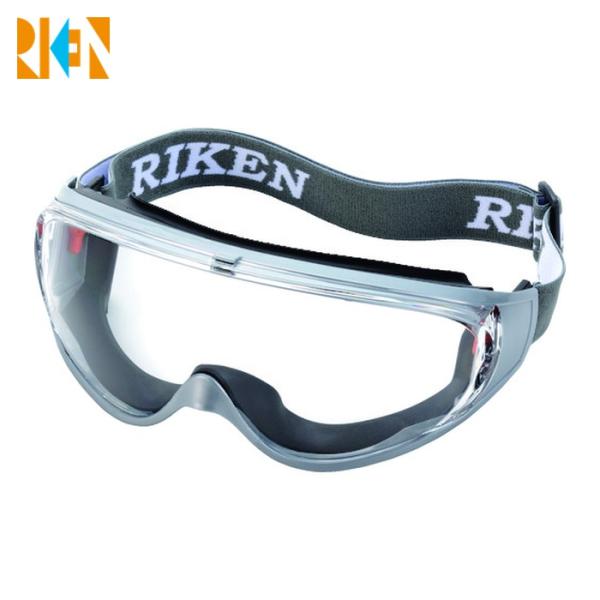 リケン セーフティーゴーグル(密閉タイプ)|特長:外側が摩耗などに強いハードコート、内側が曇りに強いVF・plus+コートの仕様です。 通気孔がない密閉タイプで、粉塵などの侵入を防ぎます。 顔当たり部分にエラストマーを使用し、やわらかい装着...