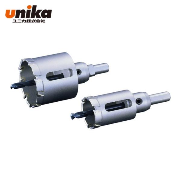 UNIKA 超硬チップ付ホールソー|特長:安全ストッパー(ツバ)を排除しているため、貫通作業に適しています。 ハードな使用にもチップ飛びしにくい3枚組刃を採用しています。 35mmの有効長により、厚鋼板から厚肉金属パイプなどの曲面穿孔も可能です。