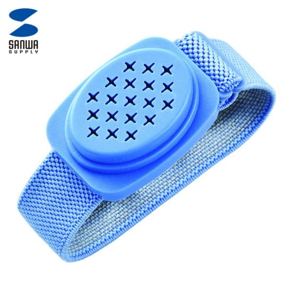 SANWA リストストラップ|特長:導電繊維入りゴムバンド式のコードレス静電気対策バンドです。 煩わしいグランドコードのないコードレスタイプの軽量リストストラップです。 バンドは12μmの導電繊維入りで、人体に帯電した電気を放電します。