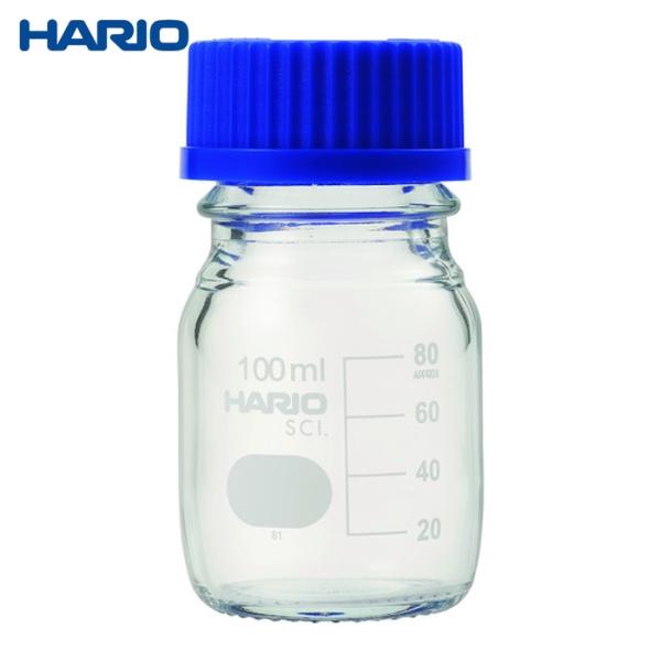 HARIO ボトル|特長:こぼしにくく、注ぎやすい液切リングが付いています。 耐熱ガラス製ですので、オートクレーブや乾熱滅菌に対応しています。 本製品には青いフタが付属しています。