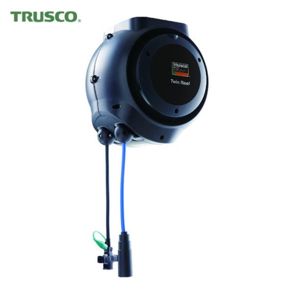 TRUSCO エアリール|特長:エアーホースと電源コードが一体化したリールです。 二種類のリールをコンパクトかつスタイリッシュなワンボディーにデザインされています。 リールを2台取付ける手間が1台分で済みます。