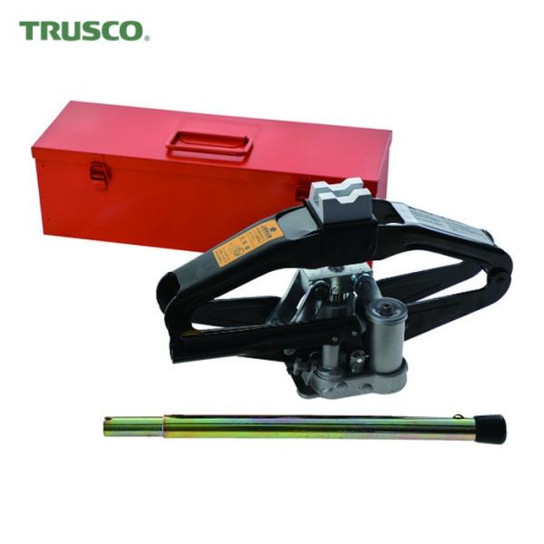 TRUSCO パンタグラフジャッキ|特長:少ない力でスピーディーに車輌を持ち上げられます。 ベース寸法が広く、より安定して使用できます。 スチールケースなので長期保存に適しています。