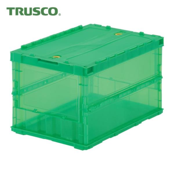 TRUSCO 折りたたみコンテナ|特長:中が透けて見えるため、コンテナの中身が判別しやすく、保管・管理に最適です。 折りたたんだ時の高さを最大限まで追求、従来タイプに比べて最大35%低く、これにより輸送運賃・保管スペースを大幅に削減すること...