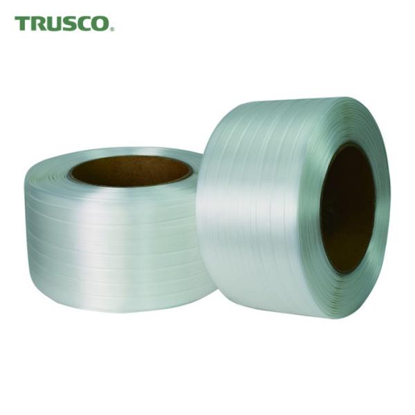 TRUSCO PPバンド|特長:ポリエステルのバンドです。 帯鉄と違い、商品を傷つけたり、怪我の心配がありません。 高強度、低伸度で耐候性、耐薬品性に富んでいます。