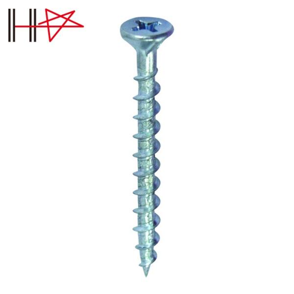 DAIDOHANT コーススレッドスクリュー|特長:頭部下のフレキ加工で木材を切削し、頭浮きを防ぎます。 ねじ山の間隔が長く(粗目)ねじの溝が深い、電動工具を使って作業するもっとも一般的な木工用ビスです。