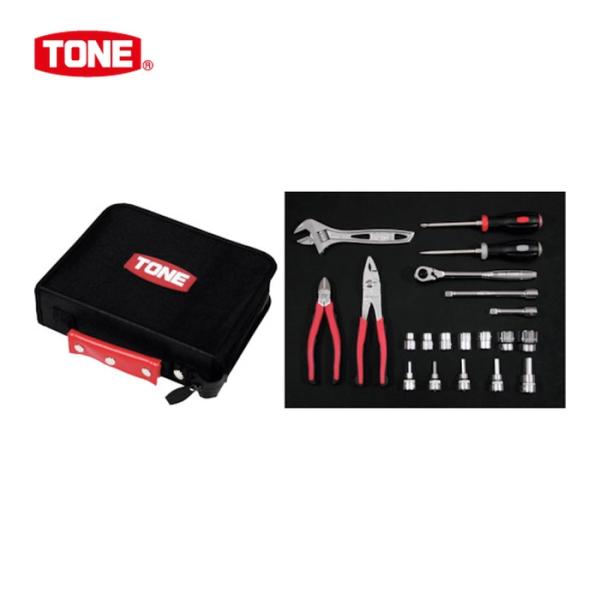 TONE 整備用工具セット|特長:軽量・コンパクトで持ち運びに便利なツールバッグです。 定番工具から厳選した車・バイクの整備に最適なスタンダードな標準セットです。