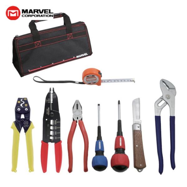 MARVEL 電設工具セット|特長:電気工事士技能試験を受験するための基本工具+JIS C・9711適合品の圧着工具(リングスリーブ用)のセットです。 多機能なVA線ストリッパーで切る、測る、剥く、のの字曲げの作業が効率よくできます。 マイ...
