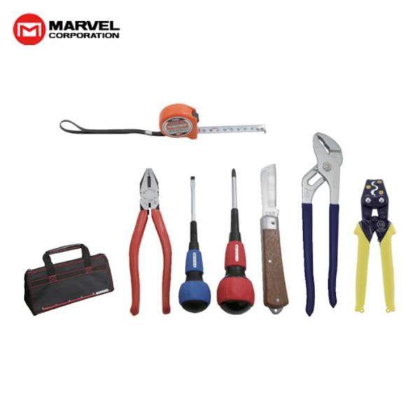 MARVEL 電設工具セット|特長:電気工事士技能試験を受験するための基本工具+JIS C・9711適合品の圧着工具(リングスリーブ用)のセットです。 マイナスドライバーは先端5。 5mm幅でスイッチプレートの取り外しなどの作業に適したサイ...