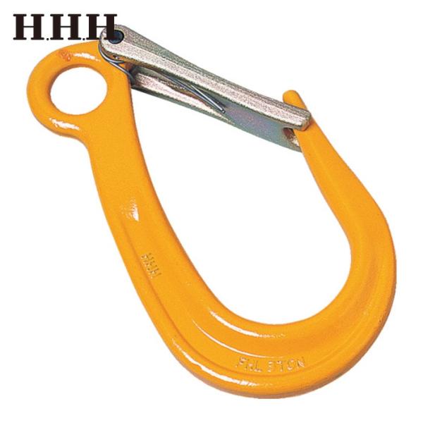 HHH フック|特長:口幅が広くふところが大きいので、直接敷き鉄板や径の太い物などを引っ掛けることができます。 鍛造性の丈夫なラッチ付きです。