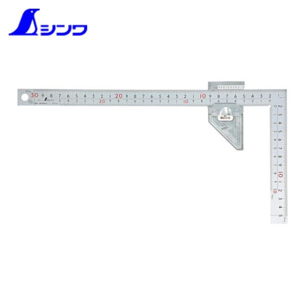 シンワ 曲尺|特長:曲尺用ストッパーの高い突き当て部と重厚な厚手広巾で、ぶれずに長いケガキ線が引けます。 曲尺の内目盛を利用し、簡易的にノギスのように挟んで測定ができます。 突き当て位置を変えることで45°のケガキ線が引けます。