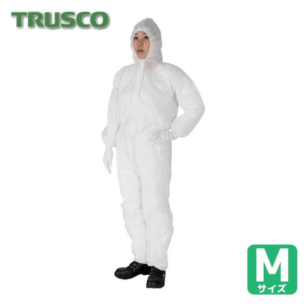 TRUSCO 使い捨て保護服|特長:通気性に優れ、不快なムレを軽減します。 生地が柔らかく作業がしやすいです。 腰・手首・足首・フードにゴム付で異物の侵入を防ぎます。