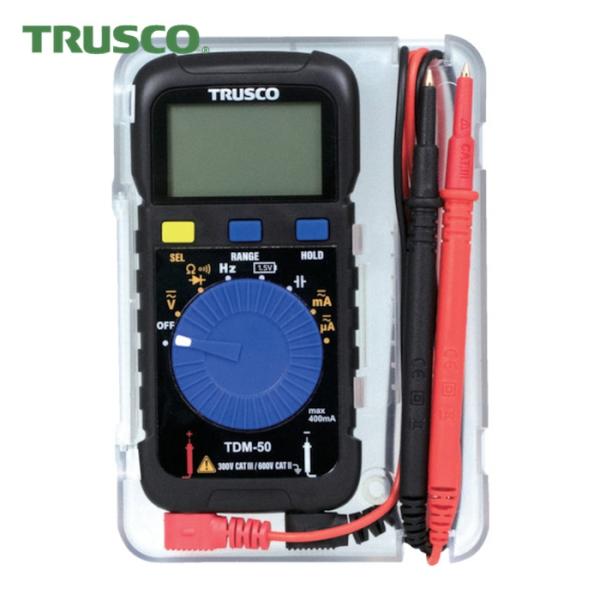 TRUSCO デジタルテスタ|特長:コンパクトスリムなボディーに電圧(直流、交流)、電流(直流、交流)、抵抗、周波数、静電容量、導通チェック機能(ブザー、LED)、ダイオード、1。 5V電池電圧チェック機能を持たせた多機能計測デジタルマルチ...