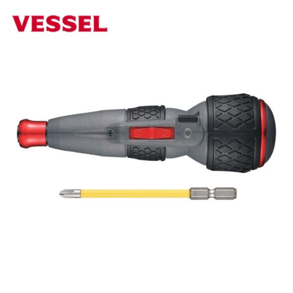 VESSEL 充電ドライバー|特長:LEDライトは使用後も5秒間光るディレイ仕様です。 両頭・片頭ビットが使えるアルミスリーブチャックです。 軽い力で正転・逆転が操作できるスライドスイッチ操作です。