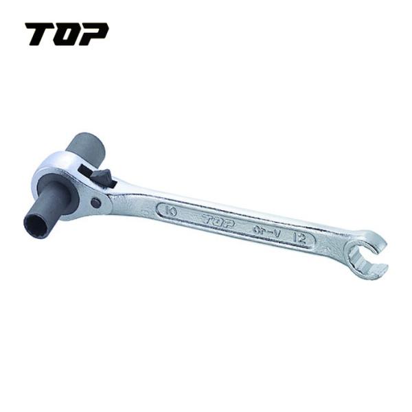 TOP 配管用ラチェットレンチ|特長:各種配管、ダクト、電機の設備工事ボルト着脱に使用します。 先端めがね部は、タン付吊り金具の早回しに便利です。 ナットにめがね部を差し込み、手を離してもレンチが落ちません。