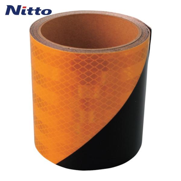 日東エルマテ 反射テープ|特長:基材にアルミホイルを使用しているため、屋内外の凹凸面にもしっかりフィットします。 プリズムレンズタイプの再帰性反射材を利用しています。 夜間の視認性は、従来のガラスビーズ型と比較すると10倍以上の明るさを保持...