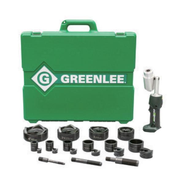 GREENLEE 充電油圧式パンチャー|特長:最短8秒のサイクルで素早い穴開けが可能です。 圧力センサーで正確に穴開けの完了を検知し、自動的に油圧ラムを収縮して刃の損傷を防ぎます。 360度の首振りヘッドで、高い作業性を確保です。