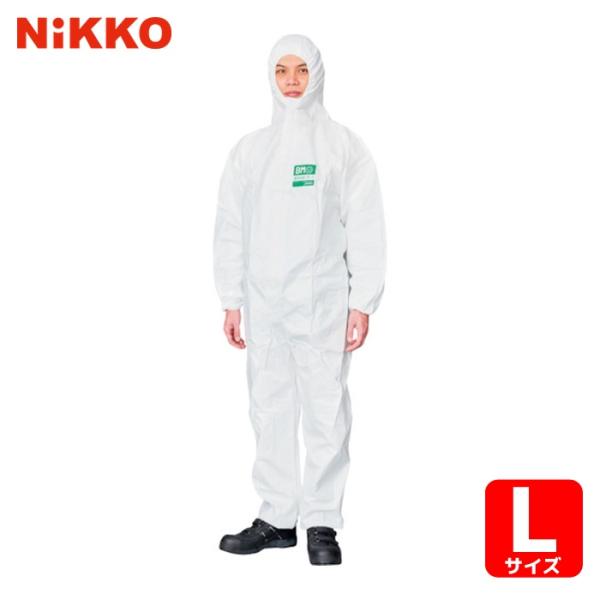 日光物産 化学防護服|特長:水や油に強い防水透湿フィルムが液体や微粒子の浸入を防ぎ、優れた透湿性でムレを軽減します。 フード、袖口、裾部分はゴム入りで異物の浸入を防ぎます。