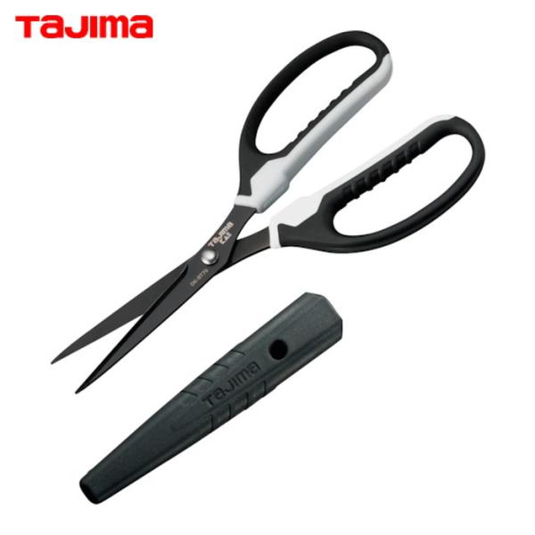 タジマ ハサミ(クラフト向け)|特長:幅広テープ(50mm)も1回で綺麗に切れる長刃設計です。 強粘着テープでも糊が付きにくいフッ素コートです。 手袋着用でも滑りにくいラバーグリップ仕様です。