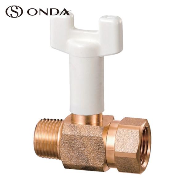 オンダ製作所 給湯器関連部材|特長:青銅製のボールバルブです。 埋設配管にも使用できます。 ワンタッチ着脱式ハンドルです。
