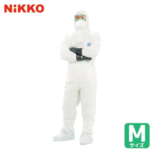 日光物産 化学防護服|特長:水や油に強い防水透湿フィルムが液体や微粒子の浸入を防ぎ、優れた透湿性でムレを軽減します。 感染の原因となるウイルス、バクテリア、体液、血液媒介病原体の浸透を防ぎます。 フード、袖口、裾部分はゴム入りで異物の浸入を...