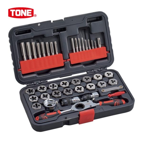 TONE ダイス|特長:ラチェット機構のハンドルにより、タップ・ダイスのねじ立て作業が、スムーズに行えます。 あらゆる作業に対応できる豊富な17サイズのタップ、ダイスセットです。 ねじのピッチを測ることができる「ねじピッチゲージ」付です。