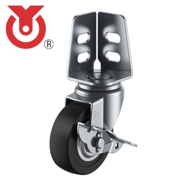 ユーエイ アングル式キャスター(ゴム車)|特長:アングルへの取り付けが簡単にできます。 走行性に優れたゴム車輪を使用しています。