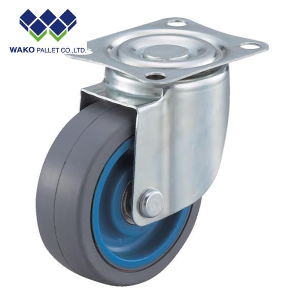 ワコーパレット プレート式ゴムキャスター|特長:軽く動き疲労が軽減できます。 自重が軽く搬送時のスムーズな動きにより作業性も向上します。 弾性があるため振動が少なく台上の荷物を保護します。
