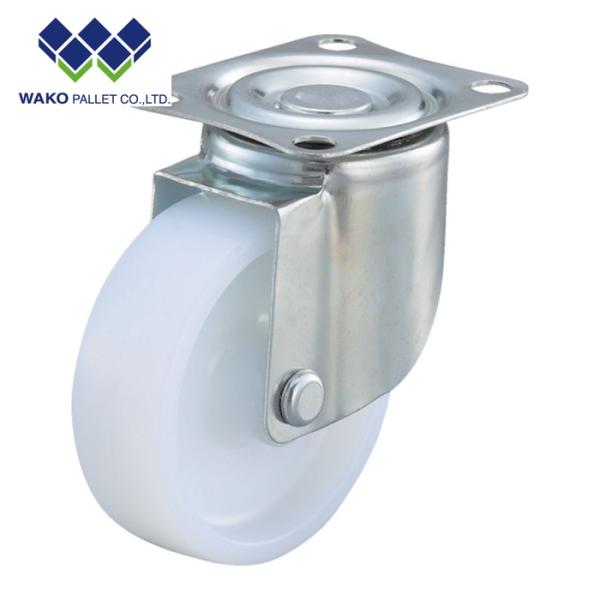 ワコーパレット プレート式ナイロンキャスター|特長:軽く動き、疲労が軽減できます。 自重が軽く搬送時のスムーズな動きにより作業性が向上します。 弾性があるため、振動が少なく、台上の荷物を保護します。