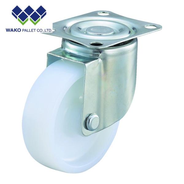 ワコーパレット プレート式ナイロンキャスター|特長:軽く動き、疲労が軽減できます。 自重が軽く搬送時のスムーズな動きにより作業性が向上します。 弾性があるため、振動が少なく、台上の荷物を保護します。