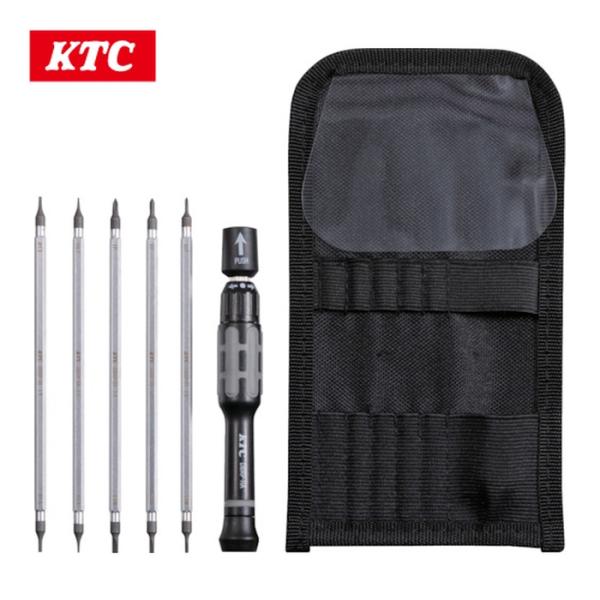 KTC ラチェット式ドライバー|特長:ラチェット機構は無段タイプです。 ビットの伸縮が無段階で可能です。 (ハンドルから出ている長さ25mm~80mm)・回転方向は締め・緩め・固定への切り替えが可能です。