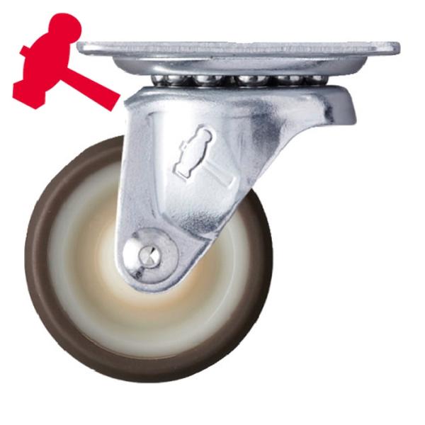 ハンマー プレート式ウレタンキャスター|特長:最も生産量が多く、様々な場所で使用されています。 RoHS適合品です。