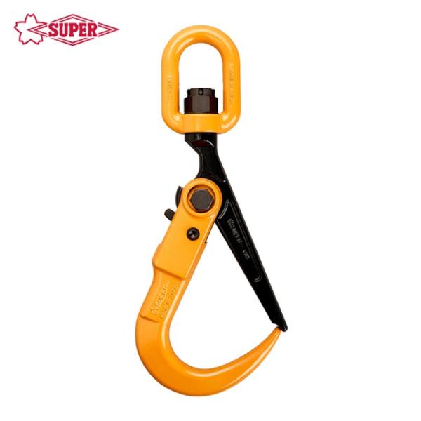 スーパー フック|特長:スイベルアイ付で、ワイヤロープなどのより戻しがスムーズで敷鉄板などの回転防止となります。 吊り上げ時は自動的に閉鎖ロックが掛かり、ワークから外れることがなく安全です。