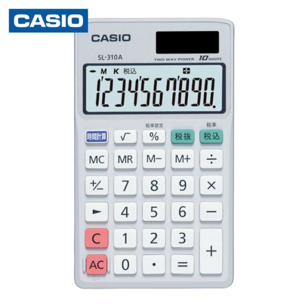 カシオ 電卓|特長:大型表示です。 税計算、時間計算機能を搭載しています。 光がさえぎられても計算内容を保持するツインパワーです。