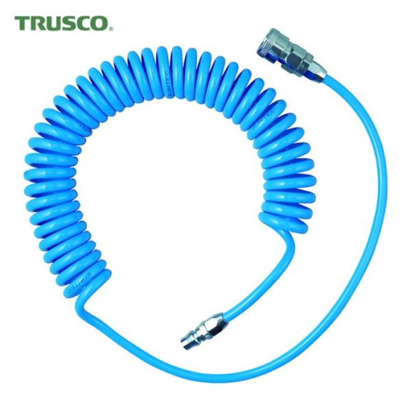 TRUSCO エアコイルホース|特長:高弾性のポリウレタン樹脂チューブをスパイラル加工した製品のため、折れぐせがつきにくく優れたばね特性をもっています。 カップリング付きのためエア工具との脱着がスムーズです。 耐摩耗性、耐久性に優れています。
