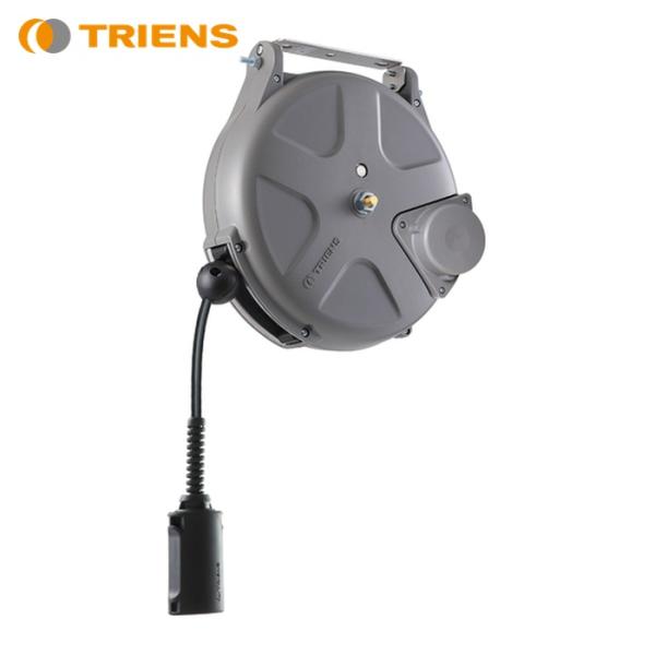 TRIENS エアリール|特長:ゆっくり巻き戻るブレーキ機構付きで、安全性を最優先しています。 劣化やパンクの原因となるホースの折れ曲がりを樹脂スプリングが軽減します・簡単ホース交換機構(継手仕様)です。 必要に応じた首振り機能付です。